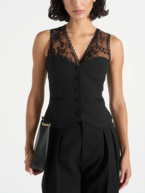 Manière De Voir Veronica Lace-panel Tailored Corset Waistcoat - Black