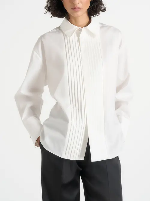 Manière De Voir Hope Oversized Pleated Tuxedo Cotton Shirt - White