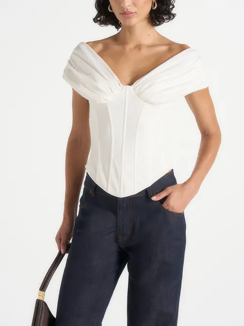 Manière De Voir Ursula Ruched Off-shoulder Cotton Corset Top - White