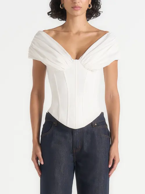 Manière De Voir Ursula Ruched Off-shoulder Cotton Corset Top