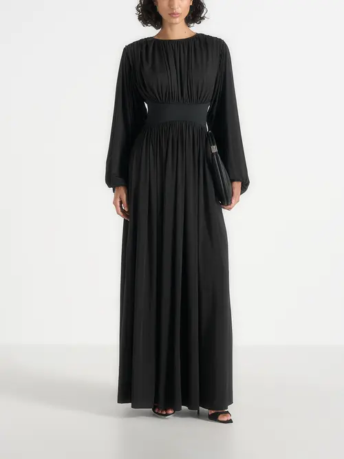 Manière De Voir Ivana Cinched Maxi Dress With Detachable Sleeves - Black