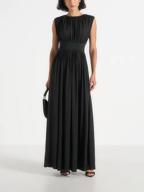 Manière De Voir Ivana Cinched Maxi Dress With Detachable Sleeves - Black