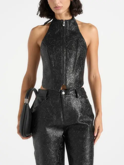 Manière De Voir Claudette Embossed Leather Halterneck Backless Top