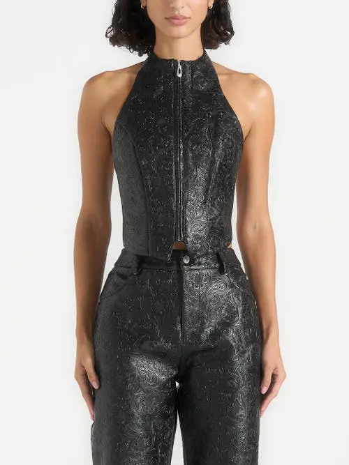 Manière De Voir Claudette Embossed Leather Halterneck Backless Top - Black