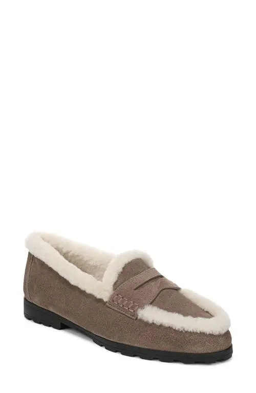 Veronica Beard Penny Lug Loafer With Genuine Shearling Trim - Bark Suede