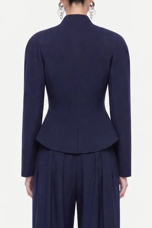 NOCTURNE Double Breasted Stand Collar Jacket - Navy