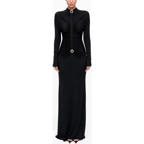NOCTURNE Stone Detail Draped Maxi Dress - Black