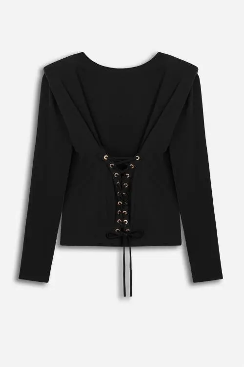 NOCTURNE Eyelet Lace Up Blouse - Black