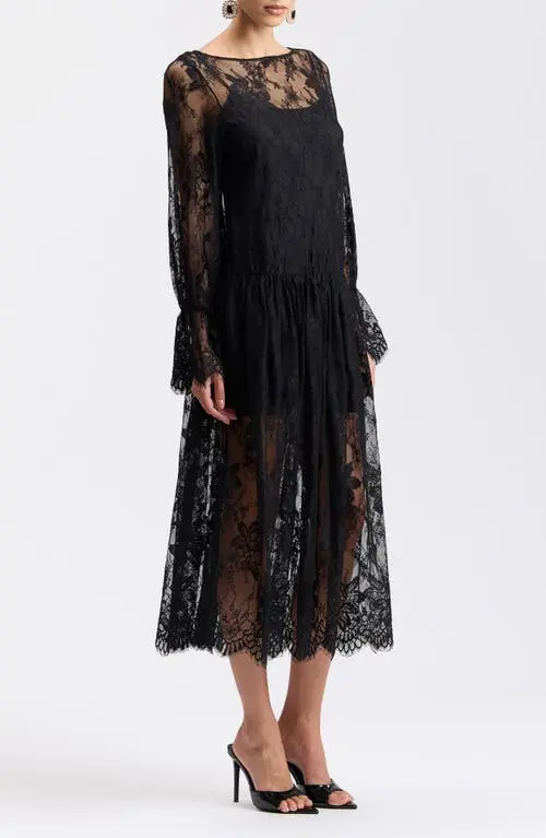 Avec Les Filles Lace Long Sleeve Drop Waist Midi Dress
