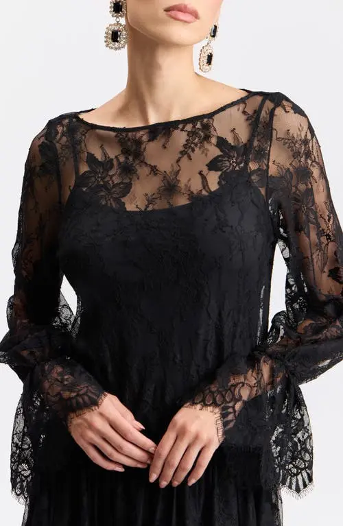Avec Les Filles Lace Long Sleeve Drop Waist Midi Dress