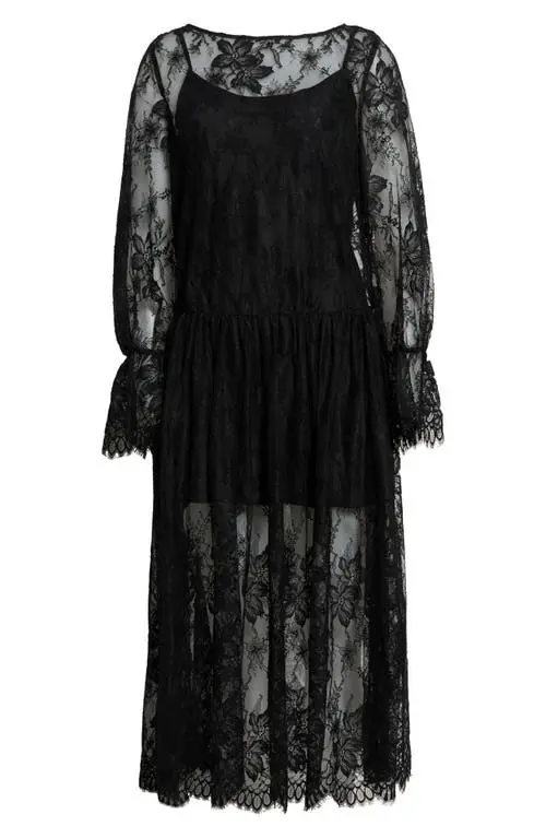 Avec Les Filles Lace Long Sleeve Drop Waist Midi Dress
