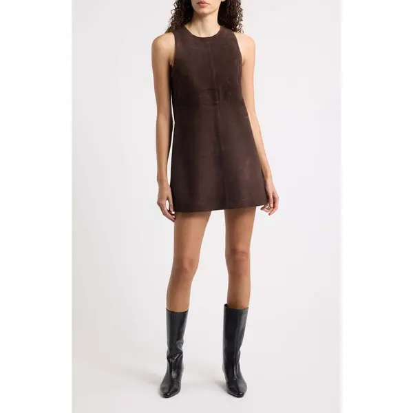 Theory Leather Sleeveless Shift Minidress - Cacao