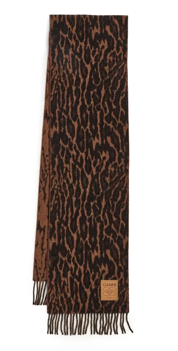 GANNI Compact Leopard Wool Scarf - Rawhide