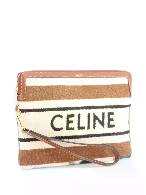 Celine Logo Zip Wristlet Pouch Striped Jacquard Textile Small Clutch Bag