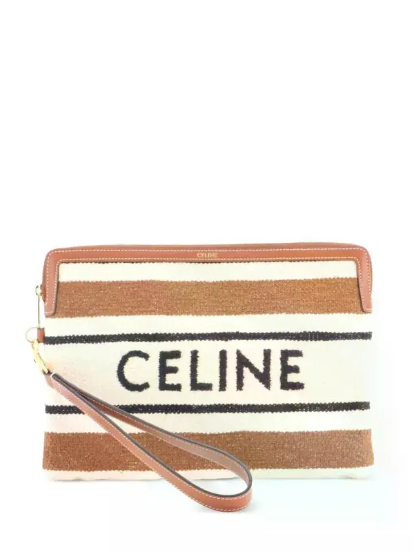 Celine Logo Zip Wristlet Pouch Striped Jacquard Textile Small Clutch Bag - Brown