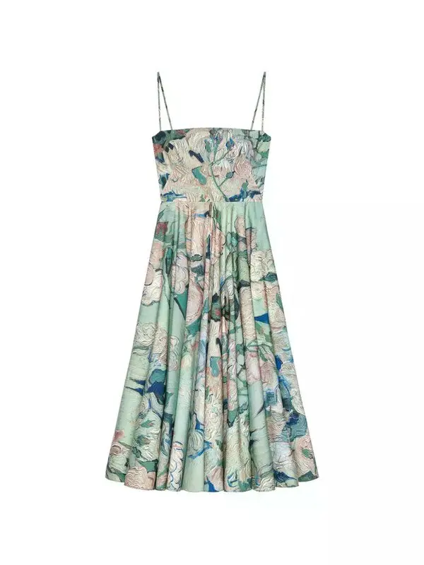 Givenchy Sliced Long Dress In Poplin With Roses Print - Green