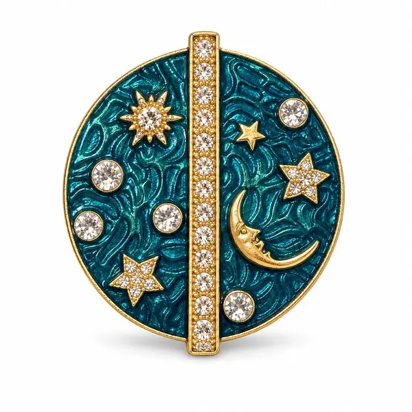 BY OZGE Blue / Gold Celestial Night Moon & Stars Crystal Enamel Gold-tone Brooch Blue