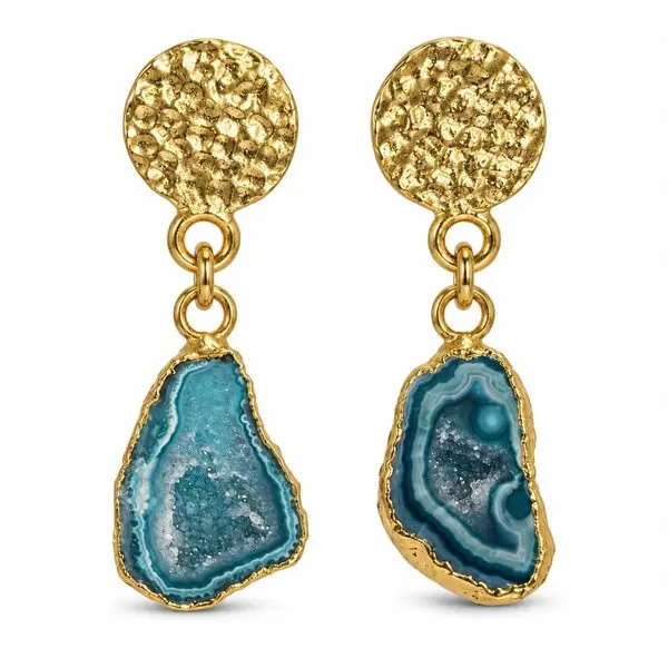 BY OZGE Blue / Gold Istanbul Bosphorus Blue Agate Druzy Gold Plated Statement Drop Earrings Blue