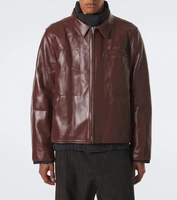 Sacai Layered Leather Down Jacket - Brown