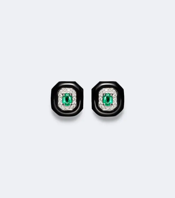 Nikos Koulis Oui 18kt White And Enamel Earrings With Emeralds And Diamonds - Green