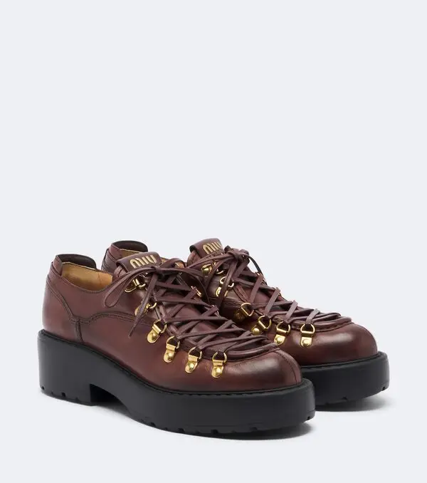 Miu Miu Leather Lace-up Loafers - Brown