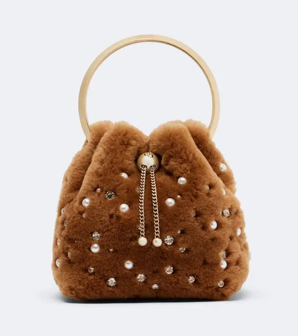 JIMMY CHOO Bon Bon Small Shearling Bucket Bag - Brown