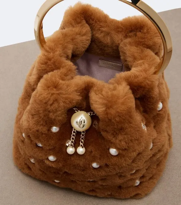 JIMMY CHOO Bon Bon Small Shearling Bucket Bag - Brown