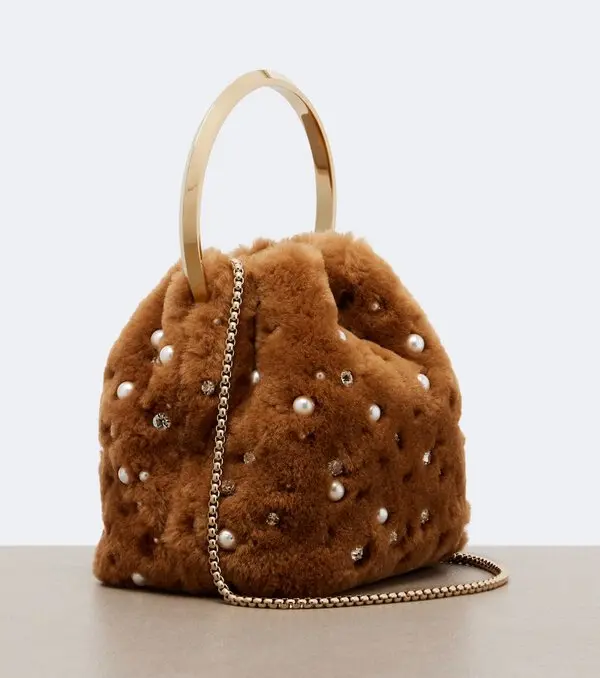 JIMMY CHOO Bon Bon Small Shearling Bucket Bag - Brown
