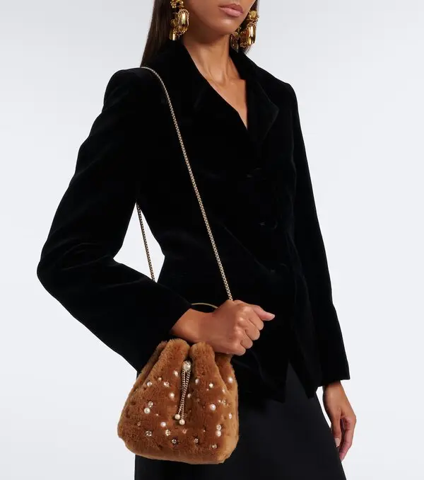 JIMMY CHOO Bon Bon Small Shearling Bucket Bag - Brown