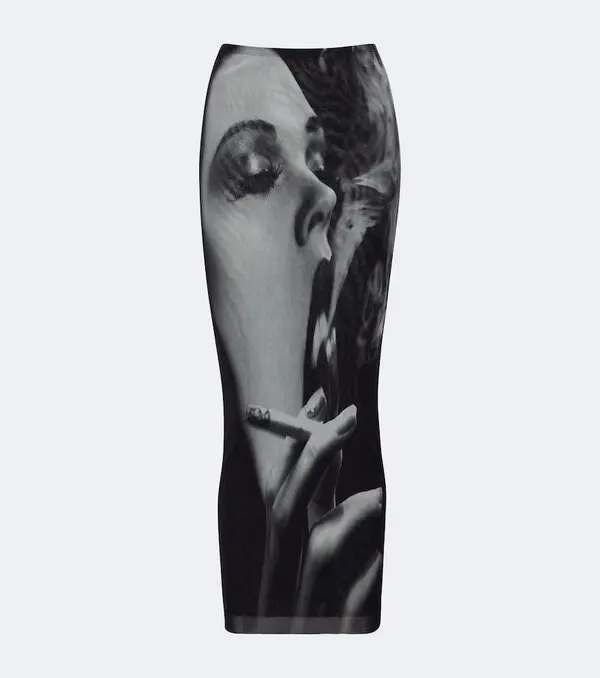 JEAN PAUL GAULTIER Printed Mesh Midi Skirt - Black