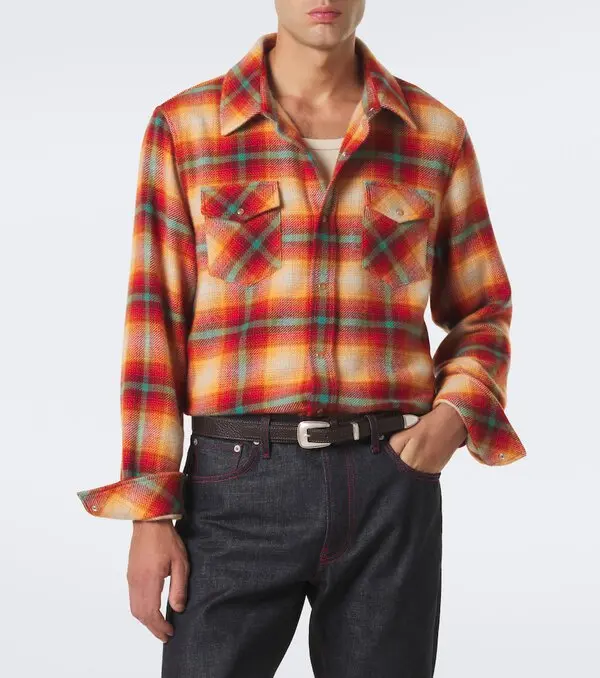 GOD'S TRUE CASHMERE Shadow Plaid Cashmere Shirt With Carnelians