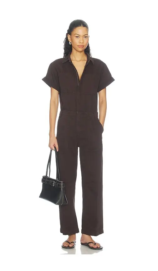 PISTOLA Cruz Short Sleeve Barrel Leg Jumpsuit In Brown - Mocha