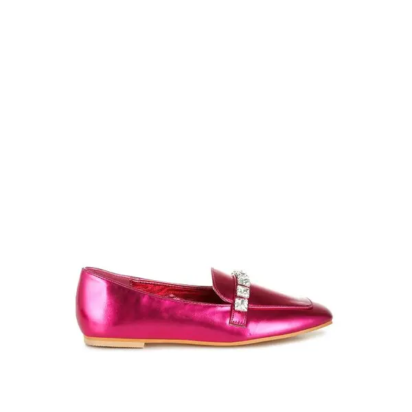 RAG & CO Celosia Metallic Diamante Strap Loafers In Fuchsia By