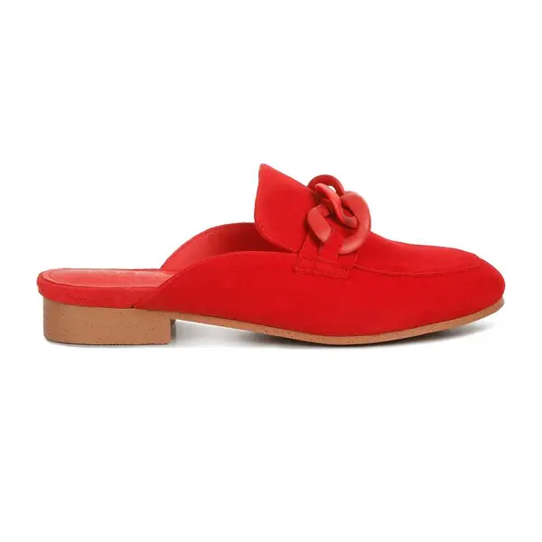 RAG & CO Krizia Chunky Chain Suede Slip On Mules In By - Red