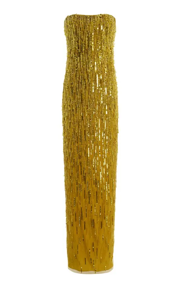 Monique Lhuillier Embroidered Fringe Strapless Maxi Dress - Green