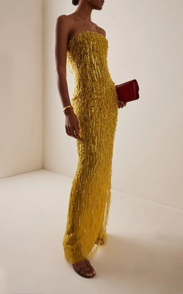 Monique Lhuillier Embroidered Fringe Strapless Maxi Dress