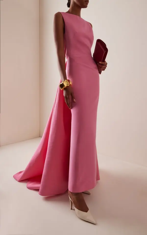 Monique Lhuillier Silk Bateau Neckline Maxi Dress With Train