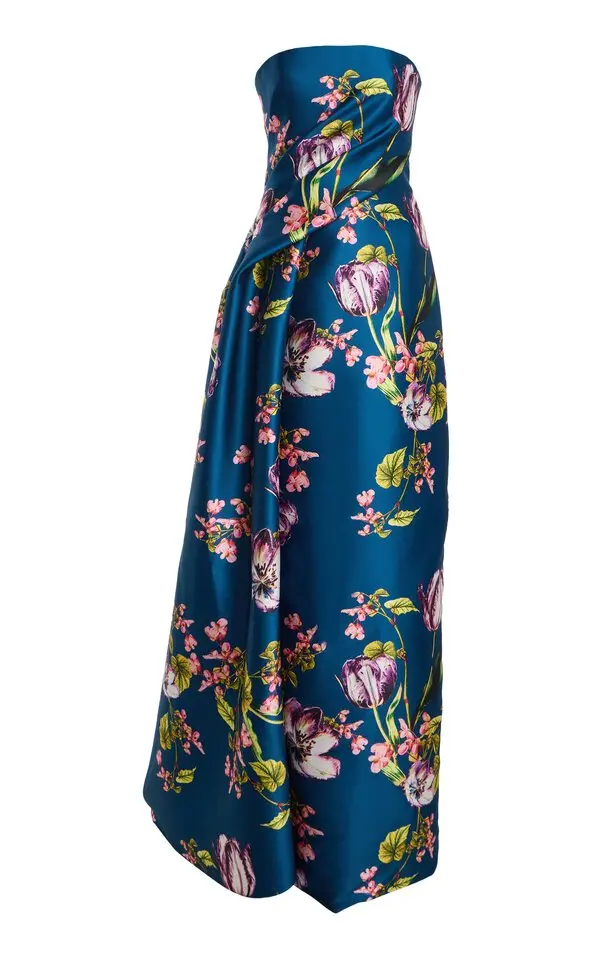 Monique Lhuillier Strapless Draped Bodice Maxi Dress With Side Train - Navy