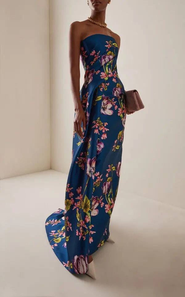 Monique Lhuillier Strapless Draped Bodice Maxi Dress With Side Train