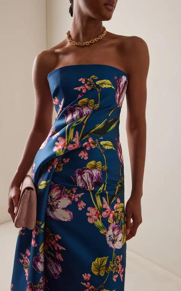 Monique Lhuillier Strapless Draped Bodice Maxi Dress With Side Train
