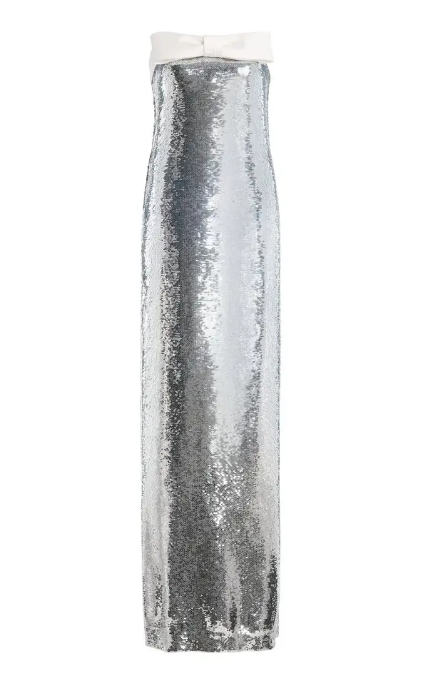 Monique Lhuillier Sequined Strapless Color-block Bow Bodice Gown