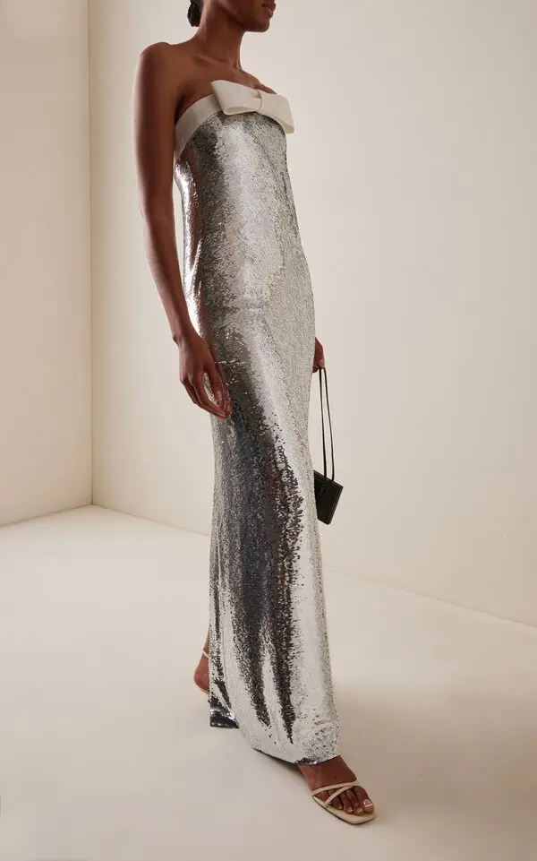 Monique Lhuillier Sequined Strapless Color-block Bow Bodice Gown