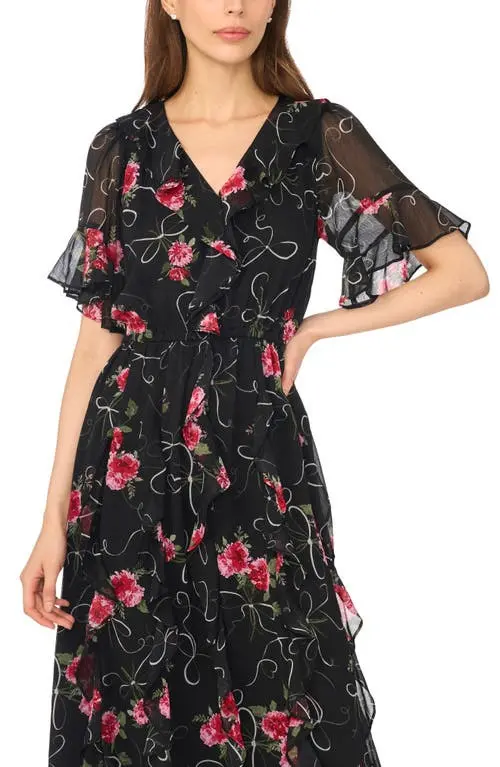 CECE DUPRAZ Flutter Sleeve V-neck Midi Dress