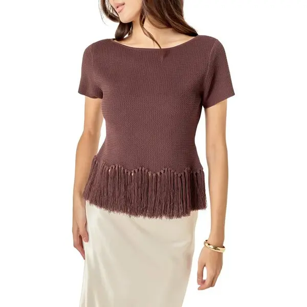 English Factory Fringe Hem Knit Top - Chocolate Brown