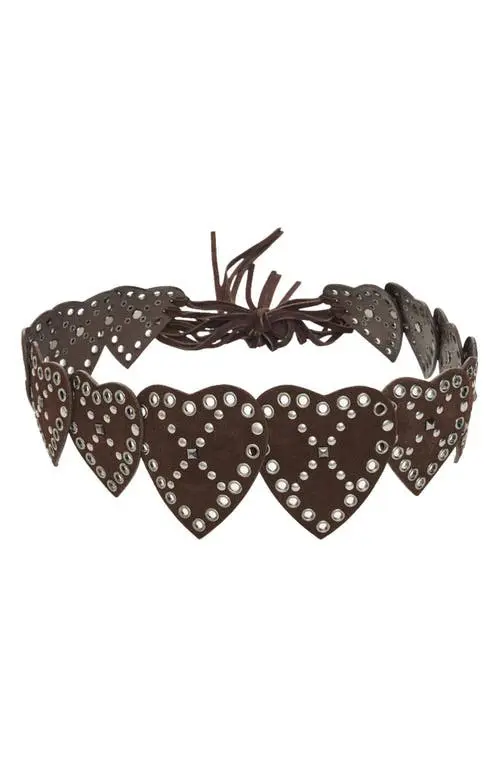 Desigual Studded Heart Leather Belt - Dark Brown