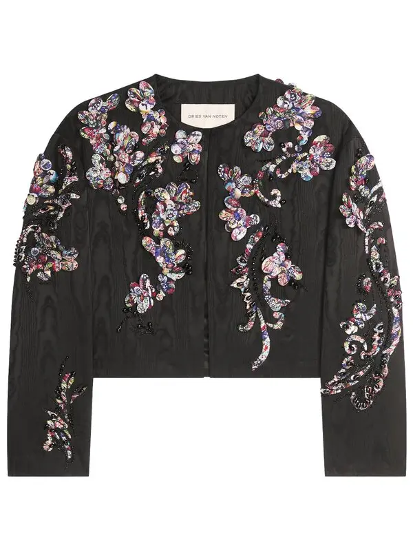 Dries Van Noten Short Embroidered Jacket With Moiré Ef - Black