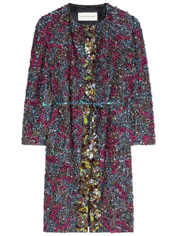 Dries Van Noten Embroidered Coat With "marbled Clay" Prints In Petrol