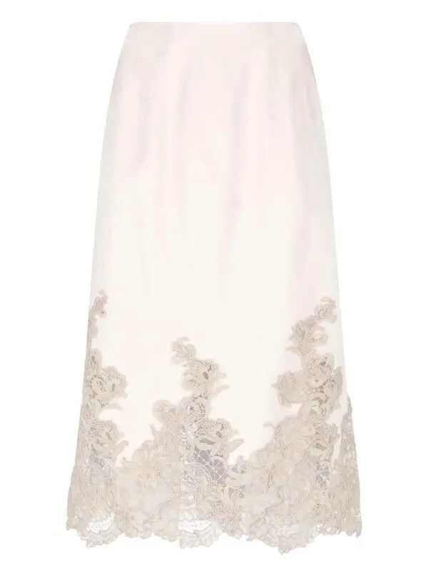 Ermanno Scervino Silk Lace Hem Midi Skirt - Cream