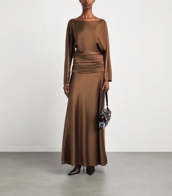 Staud Silk-blend Ruched Maxi Dress - Brown