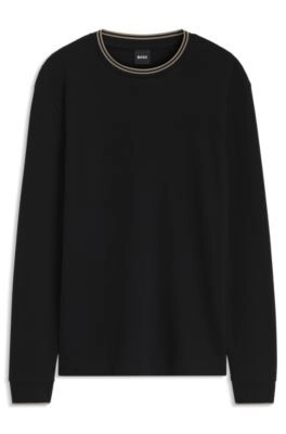 BOSS Long-sleeve T-shirt In Waffle-textured Stretch Cotton - Black